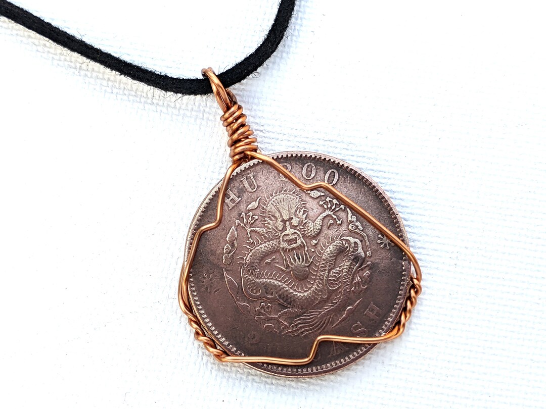 Antique Chinese Dragon Copper Coin Wire Wrapped Pendant Necklace (Z60 ...
