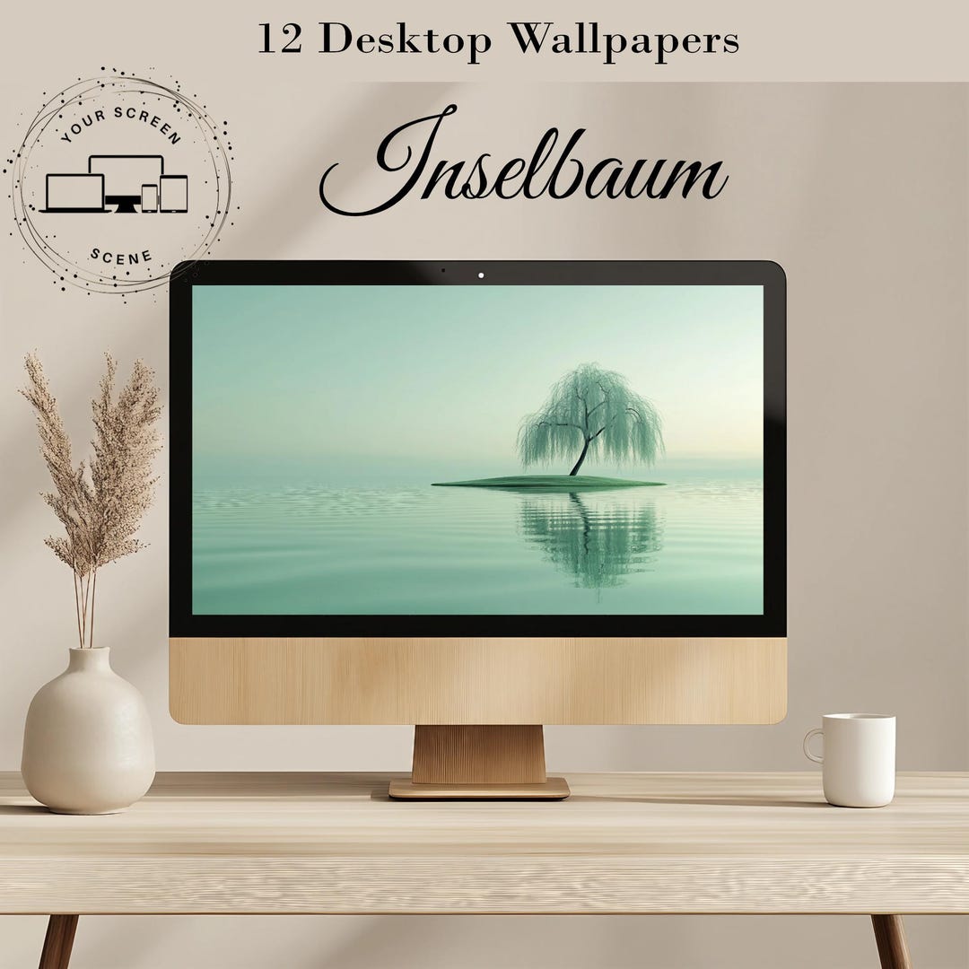 Minimalist Nature Desktop Wallpaper Set – Green Tree on Calm Water for ...