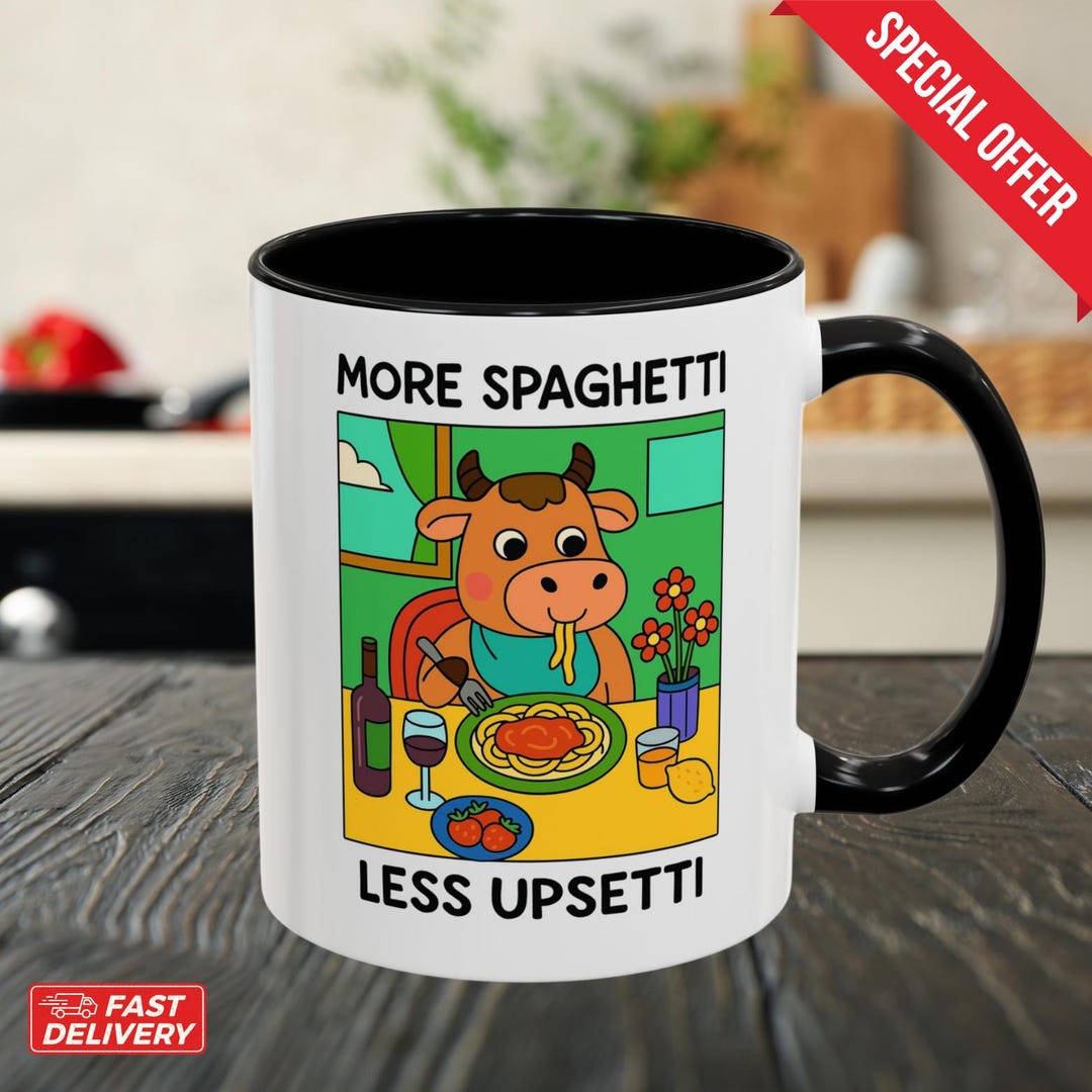 More Spaghetti Less Upsetti Mug, Cute Cow Eating Pasta, Dinner Coffee ...