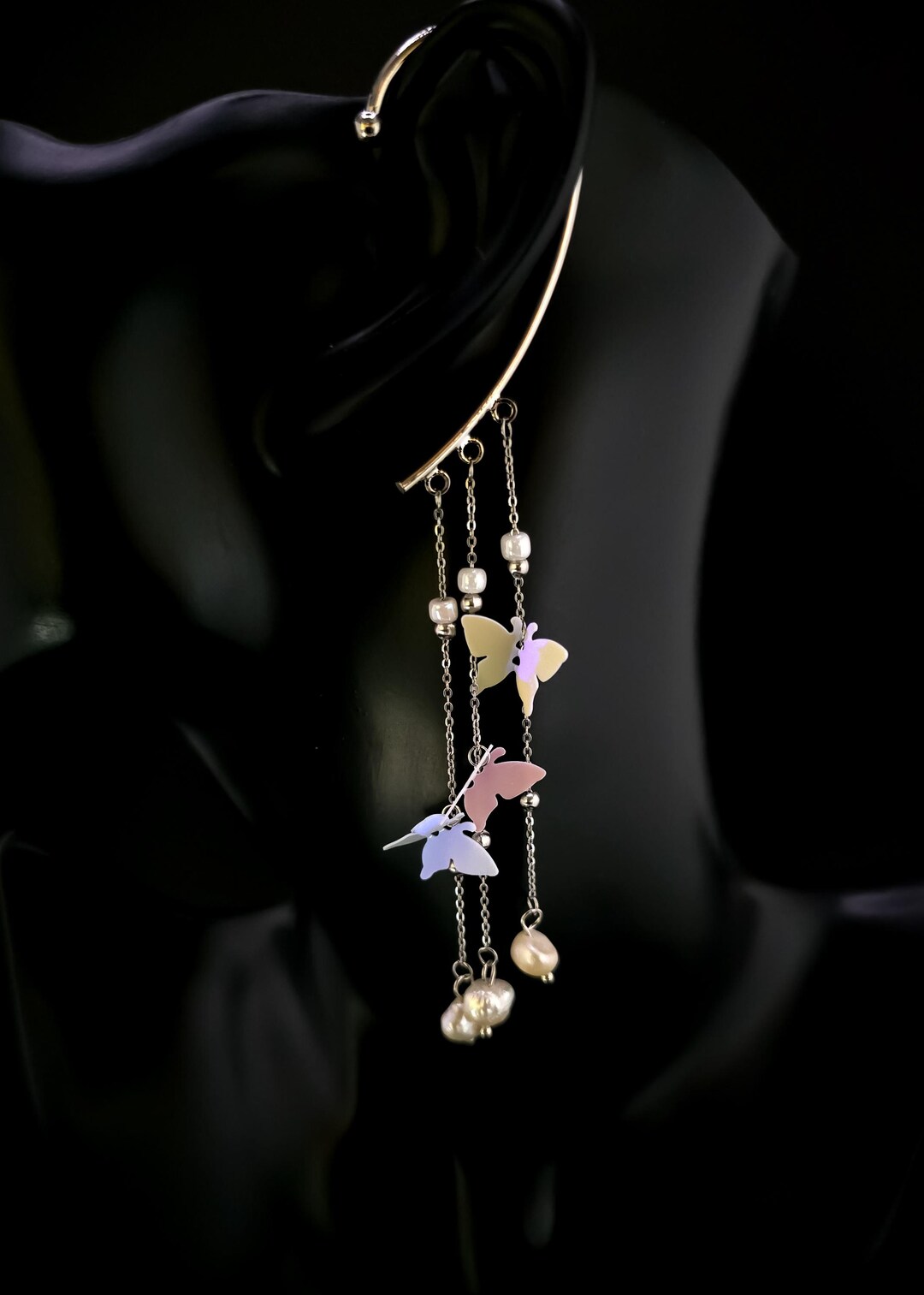 Butterfly Ear Cuff: Stainless Steel Chain, Freshwater Pearl Dangle, No ...