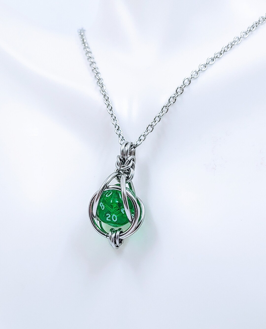 Mini D20 Pendant/ Chainmaille Necklace/ D20 Jewelry/ Green D20/ Dice ...