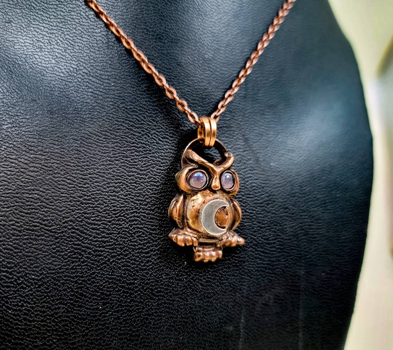Copper Owl Pendant: Moonstone Eyes, Sterling Silver Moon Necklace - Etsy