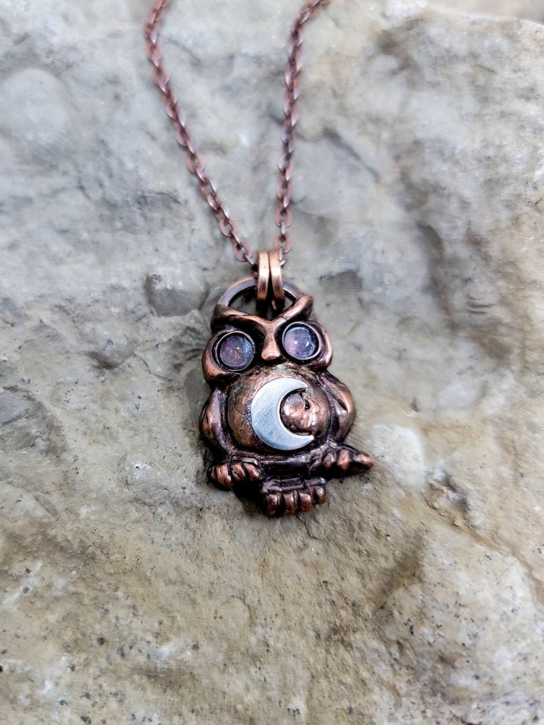 Copper Owl Pendant: Moonstone Eyes, Sterling Silver Moon Necklace - Etsy