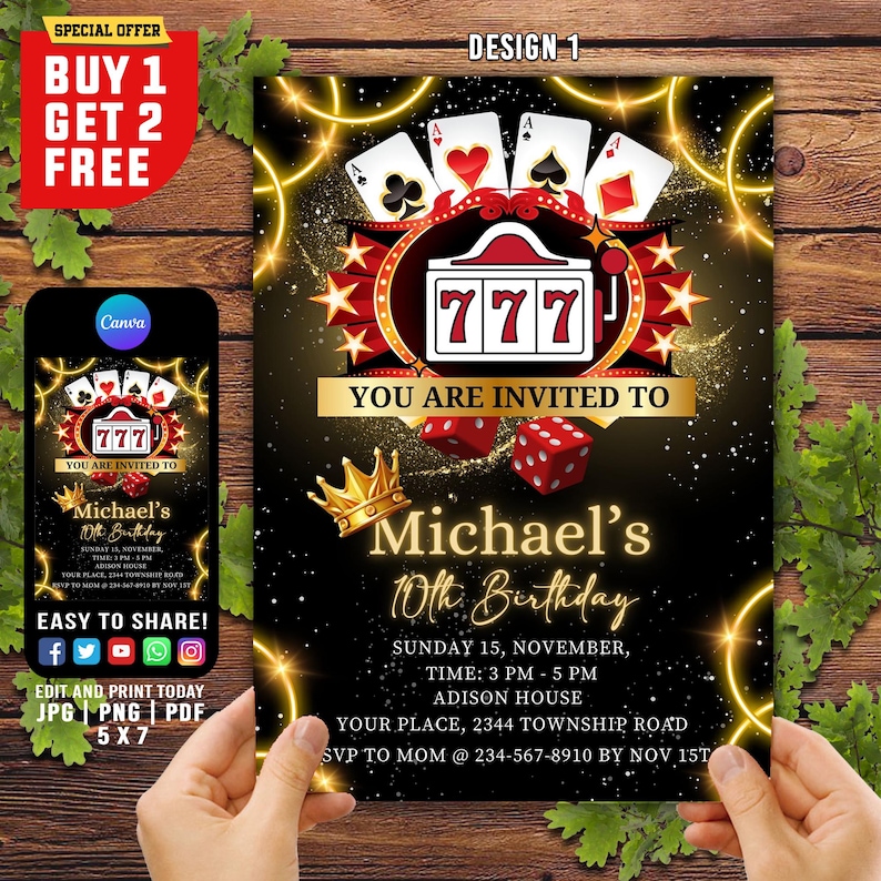 Editable Casino Birthday Invitation, Poker Birthday Party, Casino Night ...