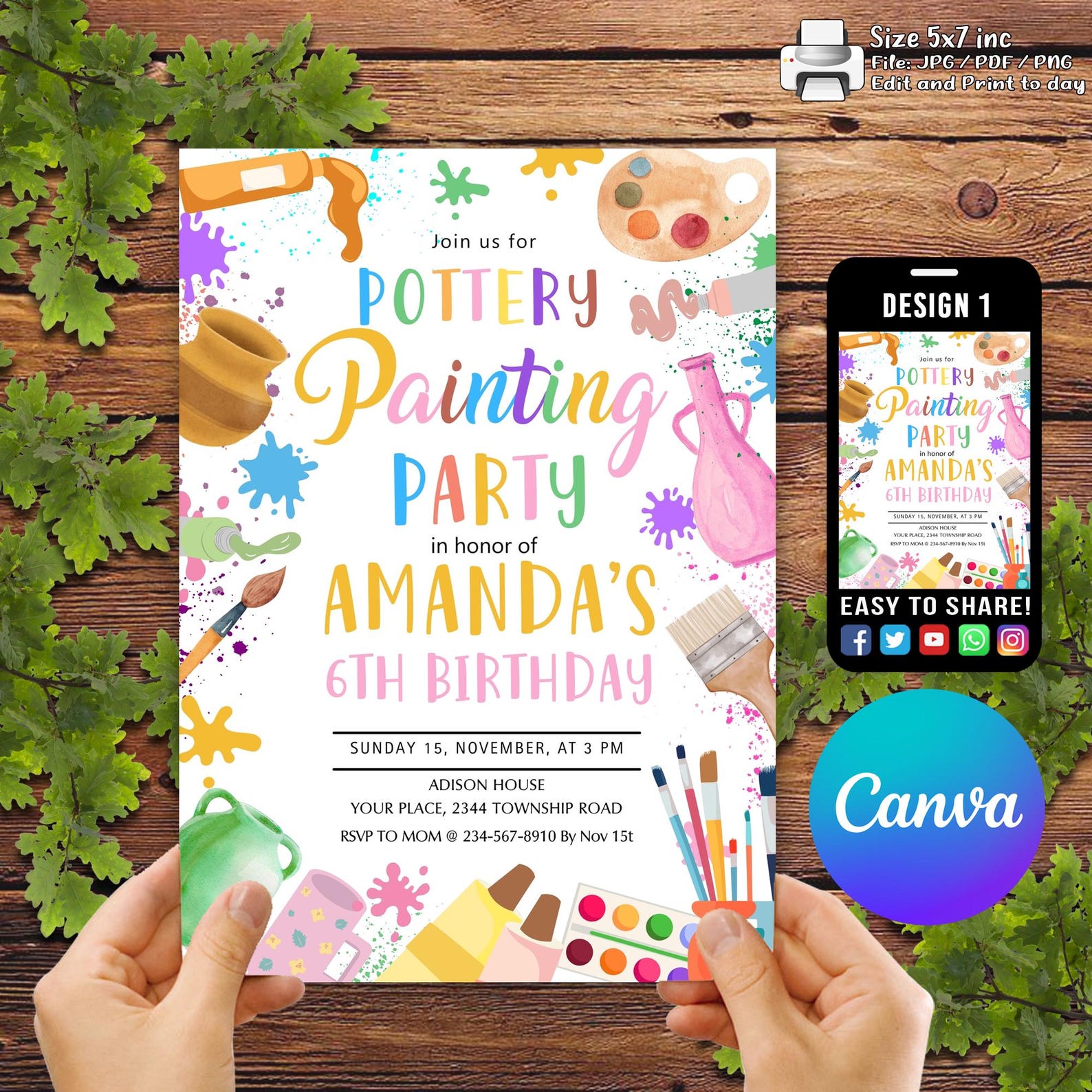 Editable Pottery Painting Party Invitation, Painting Party Birthday ...