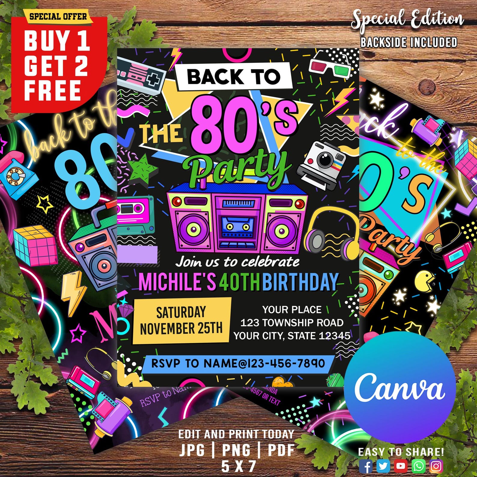 Editable 80s Birthday Party Invitation, Back to the 80s, Throwback Party, Neon Party, Glow Dance ...