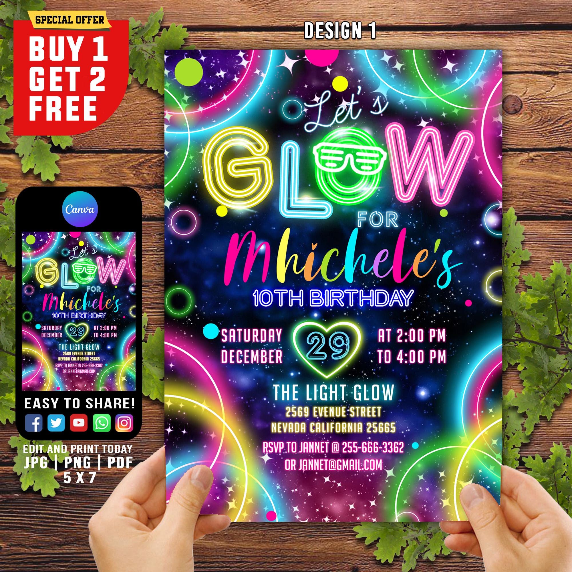 Glow Party Birthday Invitation, Glow Invitation, Girl, Boy, Neon Party ...