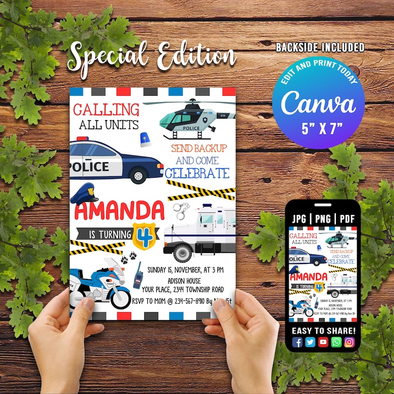 Police Invitation, Police Birthday Invitation, EDITABLE Cop Car Party ...