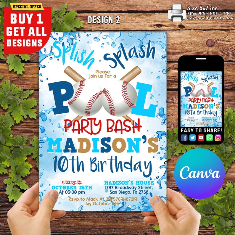 Editable Baseball Pool Party, Baseball Invitation, Baseball Pool Party ...