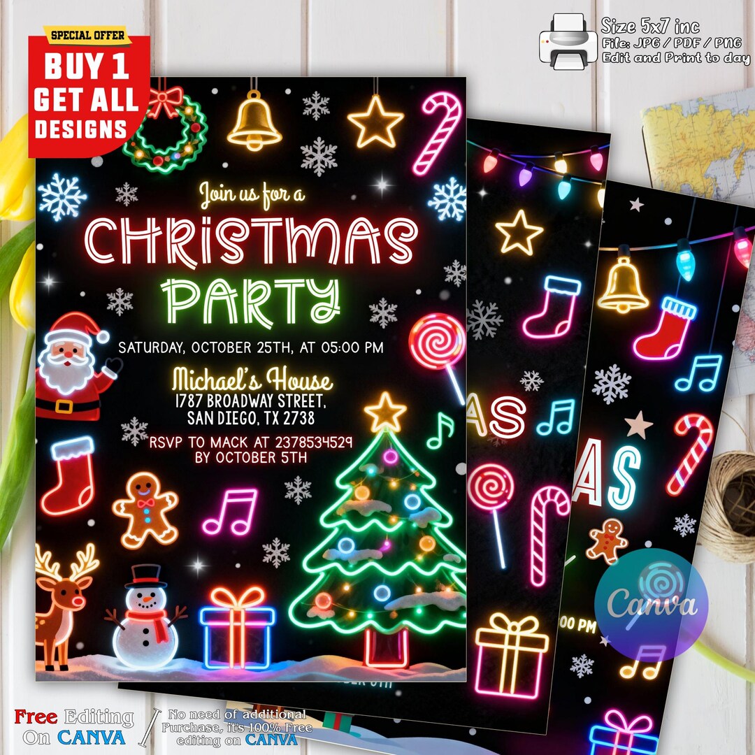 Editable Neon Christmas Party Invitation, Glow Christmas Party Invite ...