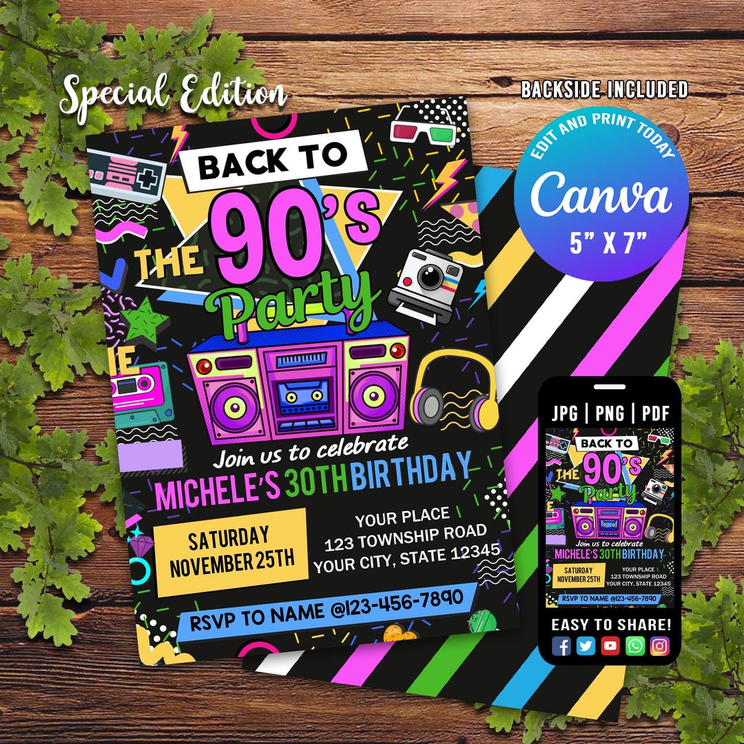 Editable 90s Birthday Party Invitation Back to the 90s Neon Party Glow ...
