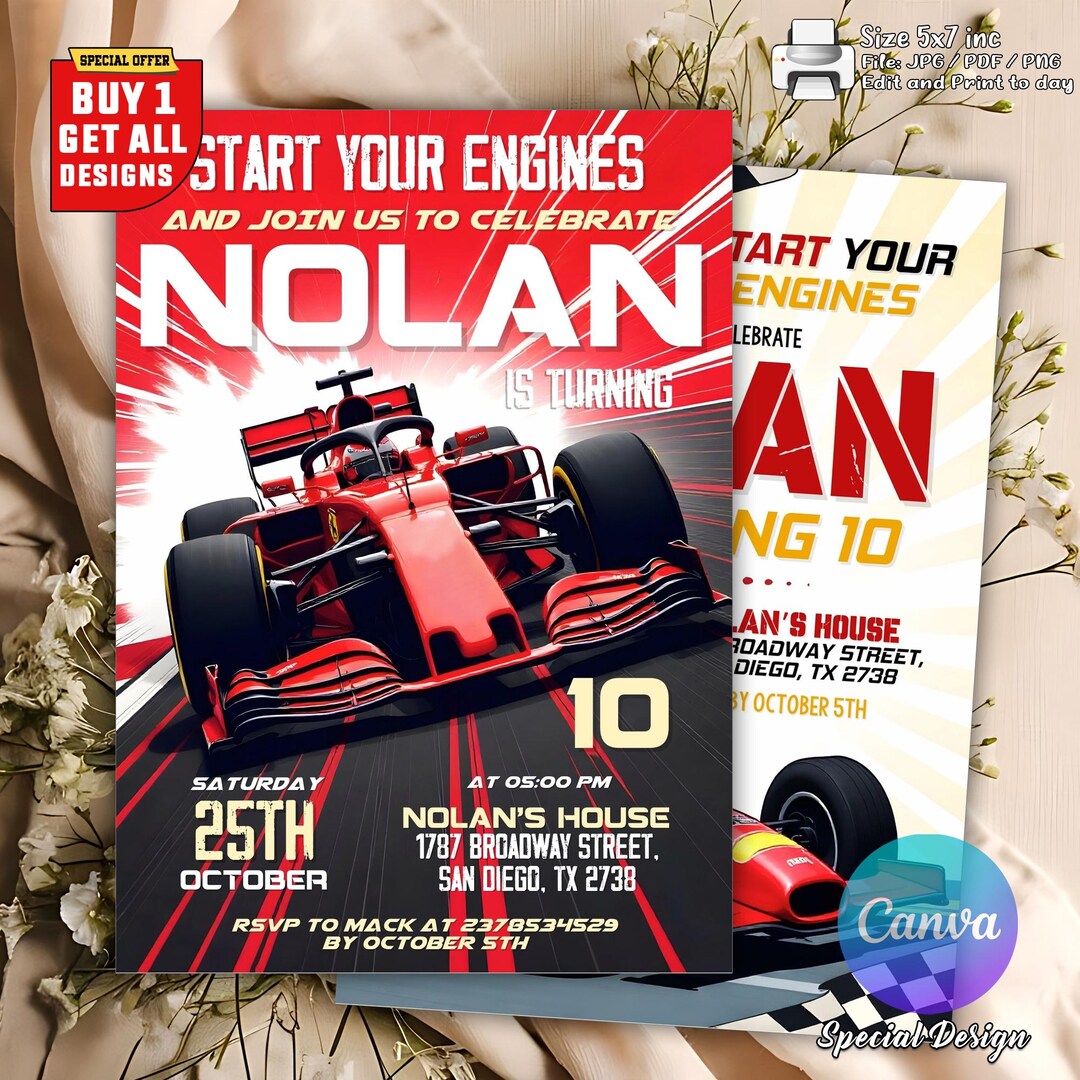 Red Race Car Invitation, Formula 1 Invitation Ferrari Party, Formula ...