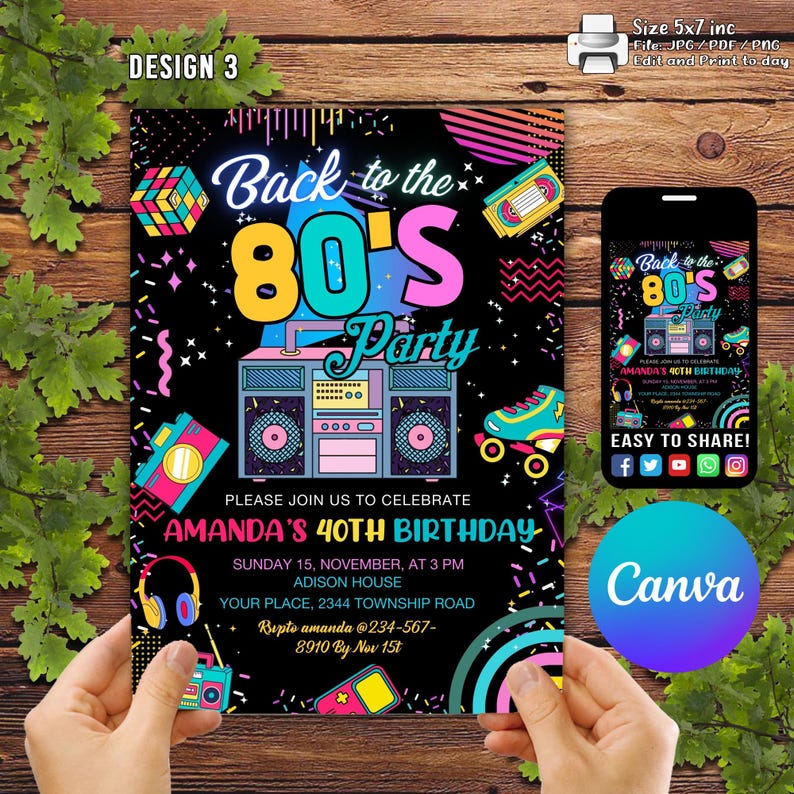 Editable 80s Birthday Party Invitation, Back to the 80s, Throwback Party, Neon Party, Glow Dance ...