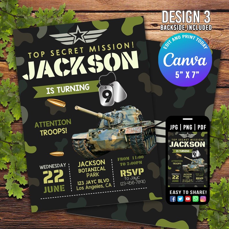 Editable Military Party Invitations, Army Birthday Invitation, Soldier ...