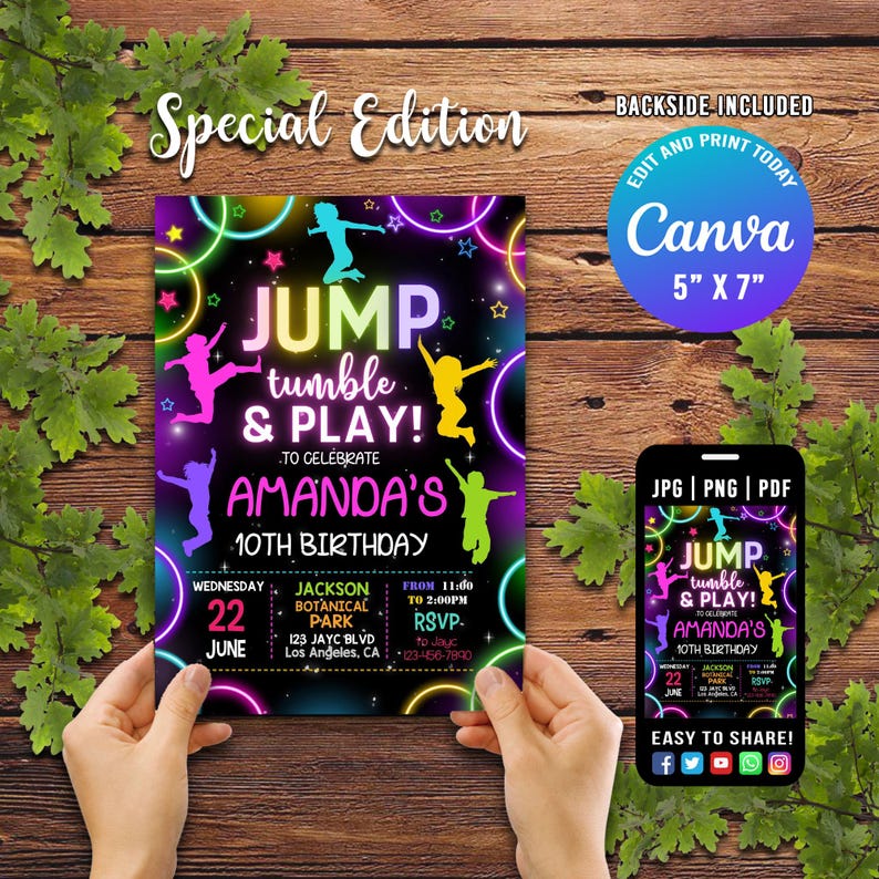 Editable Jump Birthday Party Invitation Tie Dye Jump Birthday Party ...