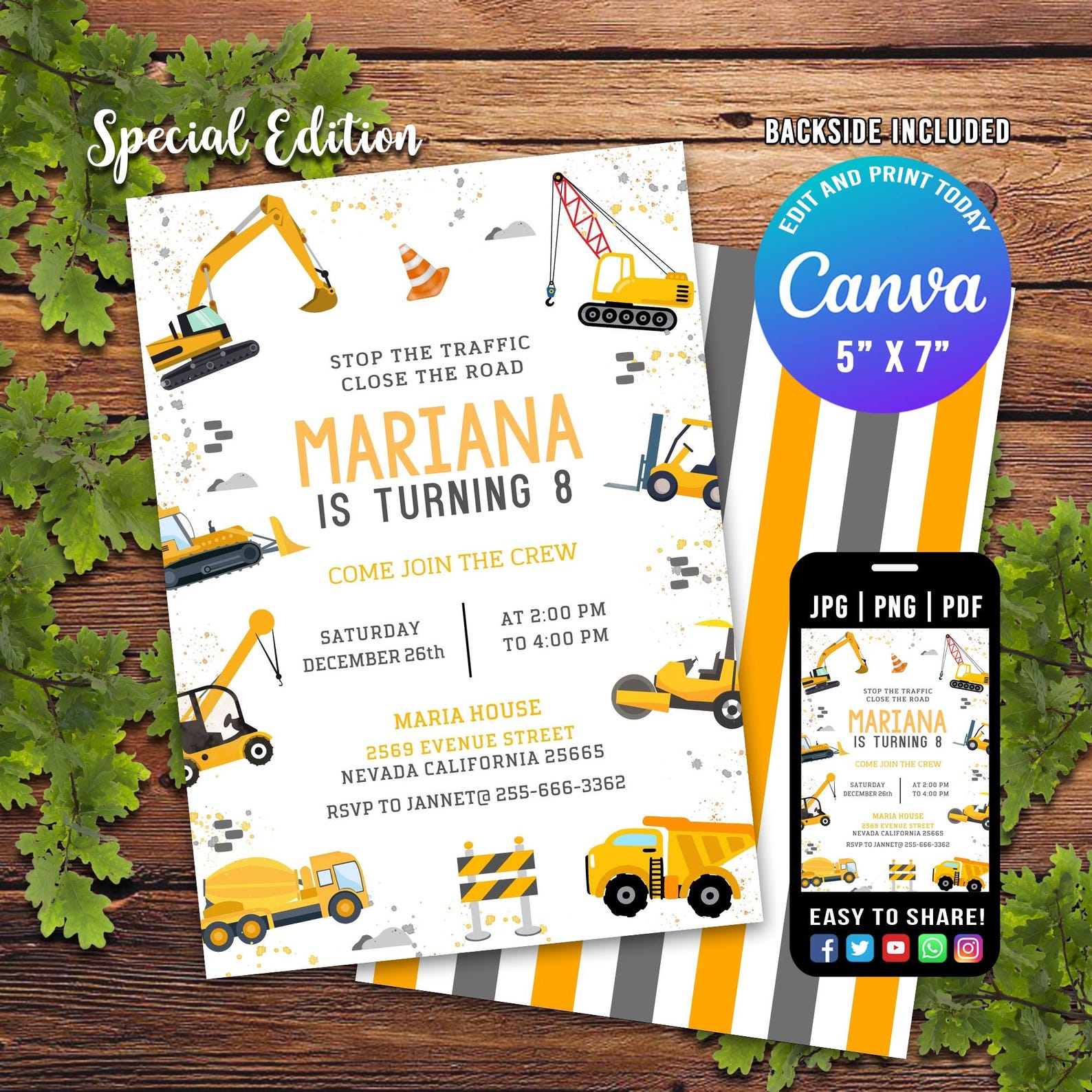 Editable Construction Invitation, Construction Birthday Invitations ...