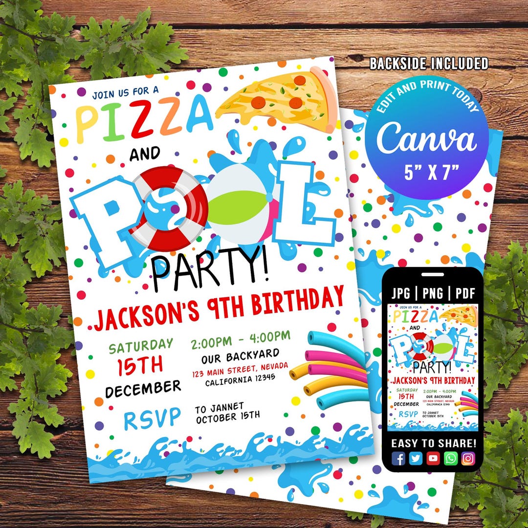 Editable Pizza Pool Party Invitation, Pizza and Pool Party Invite, Boy ...