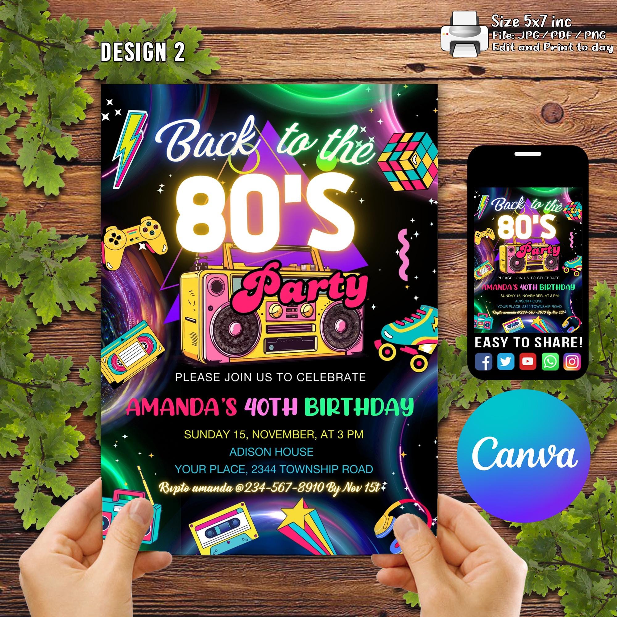 Editable 80s Birthday Party Invitation, Back to the 80s, Throwback Party, Neon Party, Glow Dance ...