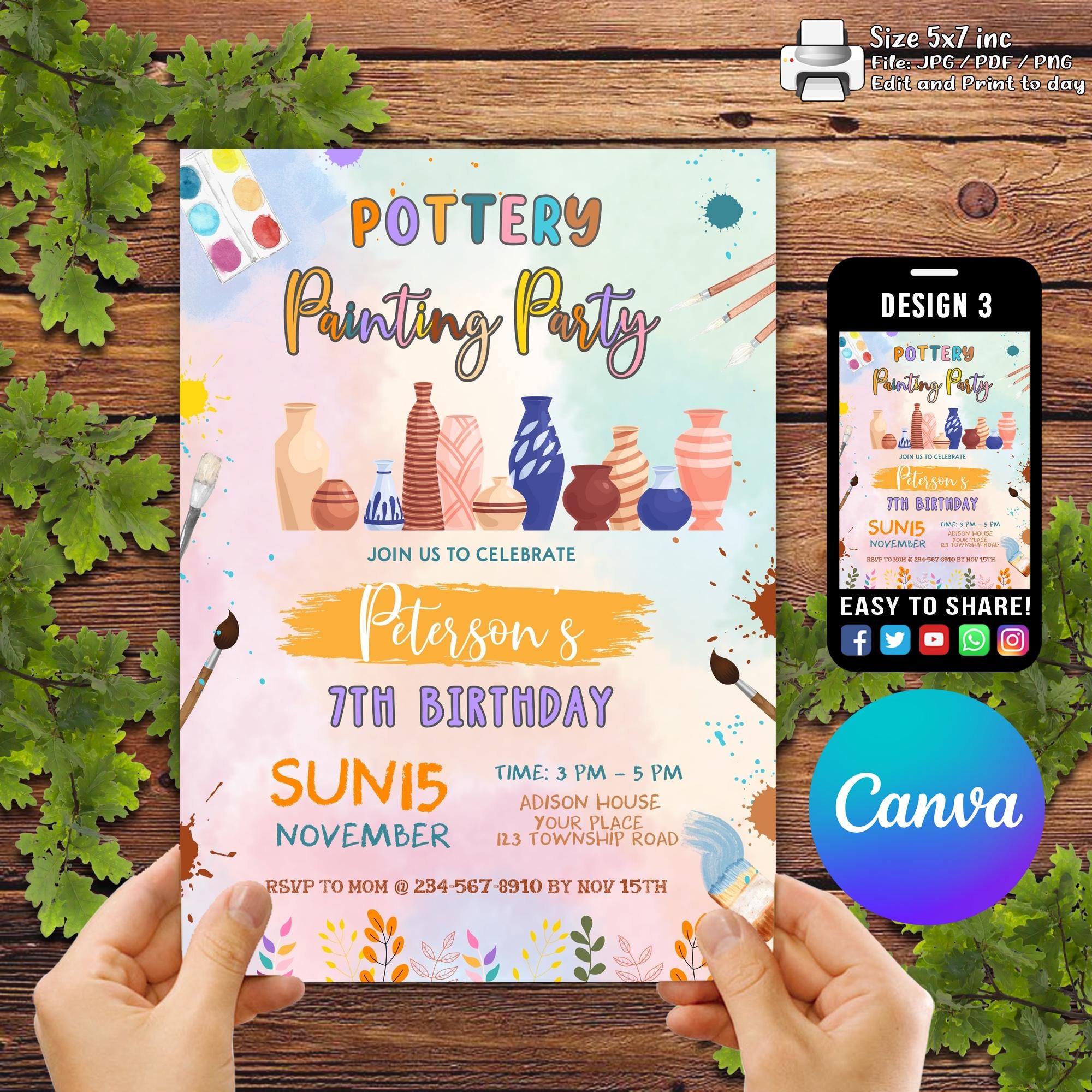 Editable Pottery Painting Party Invitation, Painting Party Birthday ...