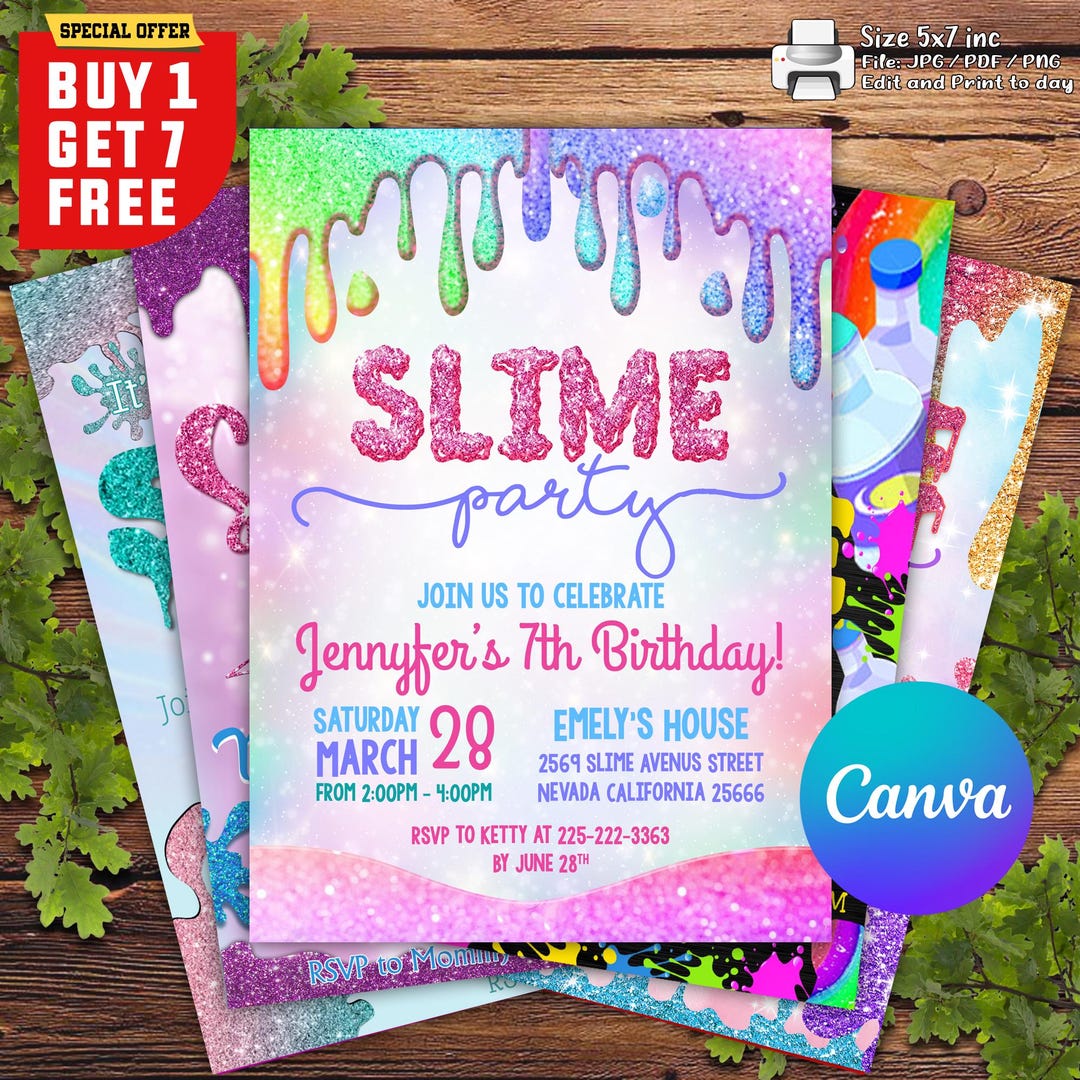 Slime Birthday Invitation, EDITABLE Neon Glow Slime Party Invite ...