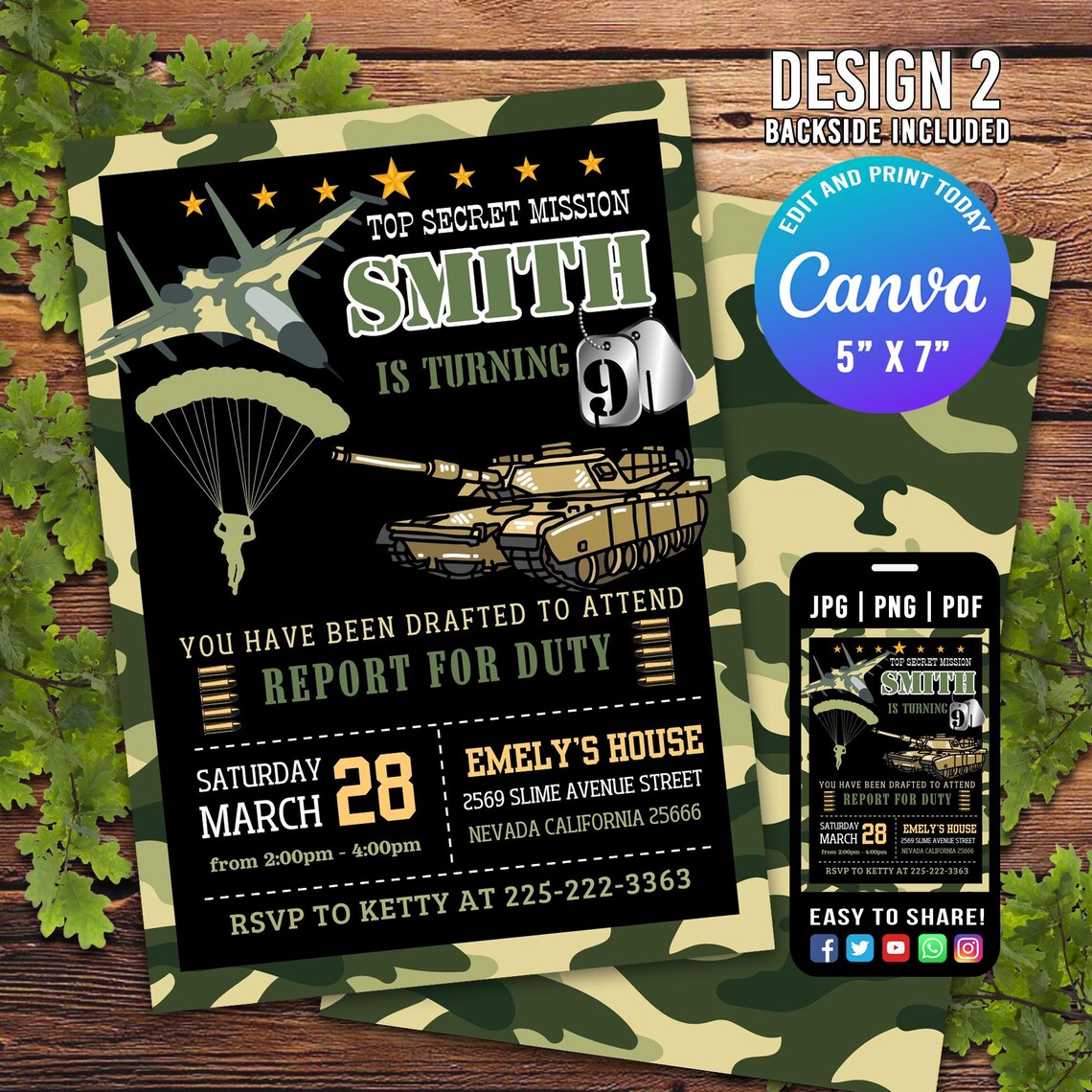 Editable Military Party Invitations, Army Birthday Invitation, Soldier ...