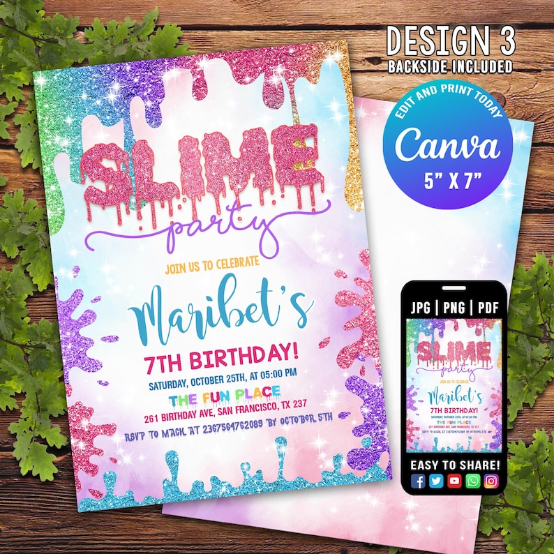 Slime Birthday Invitation, EDITABLE Neon Glow Slime Party Invite ...