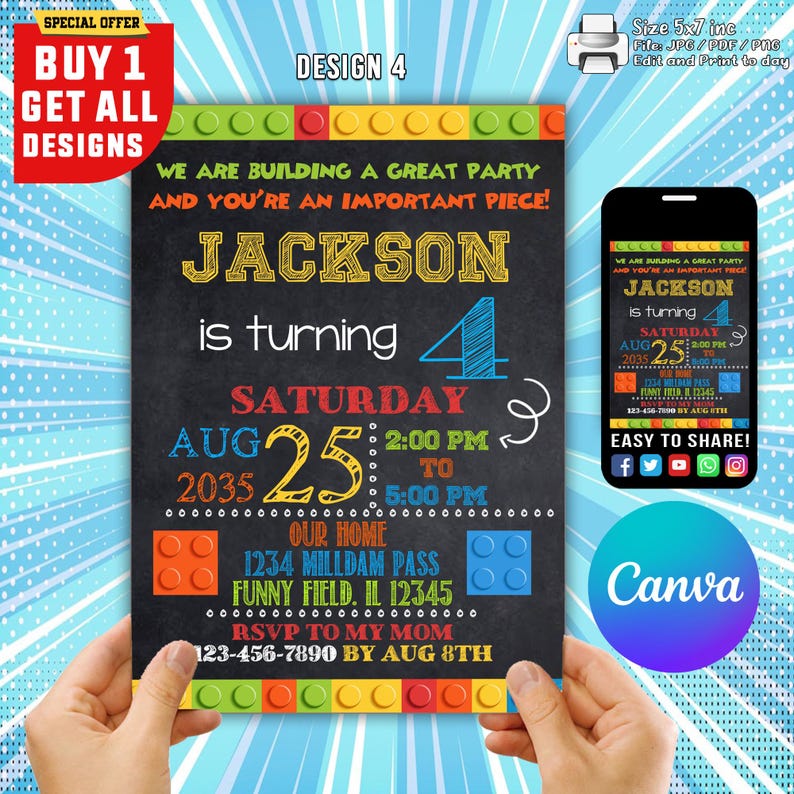 Editable Building Blocks Birthday Party Invitation, Digital Invitation ...