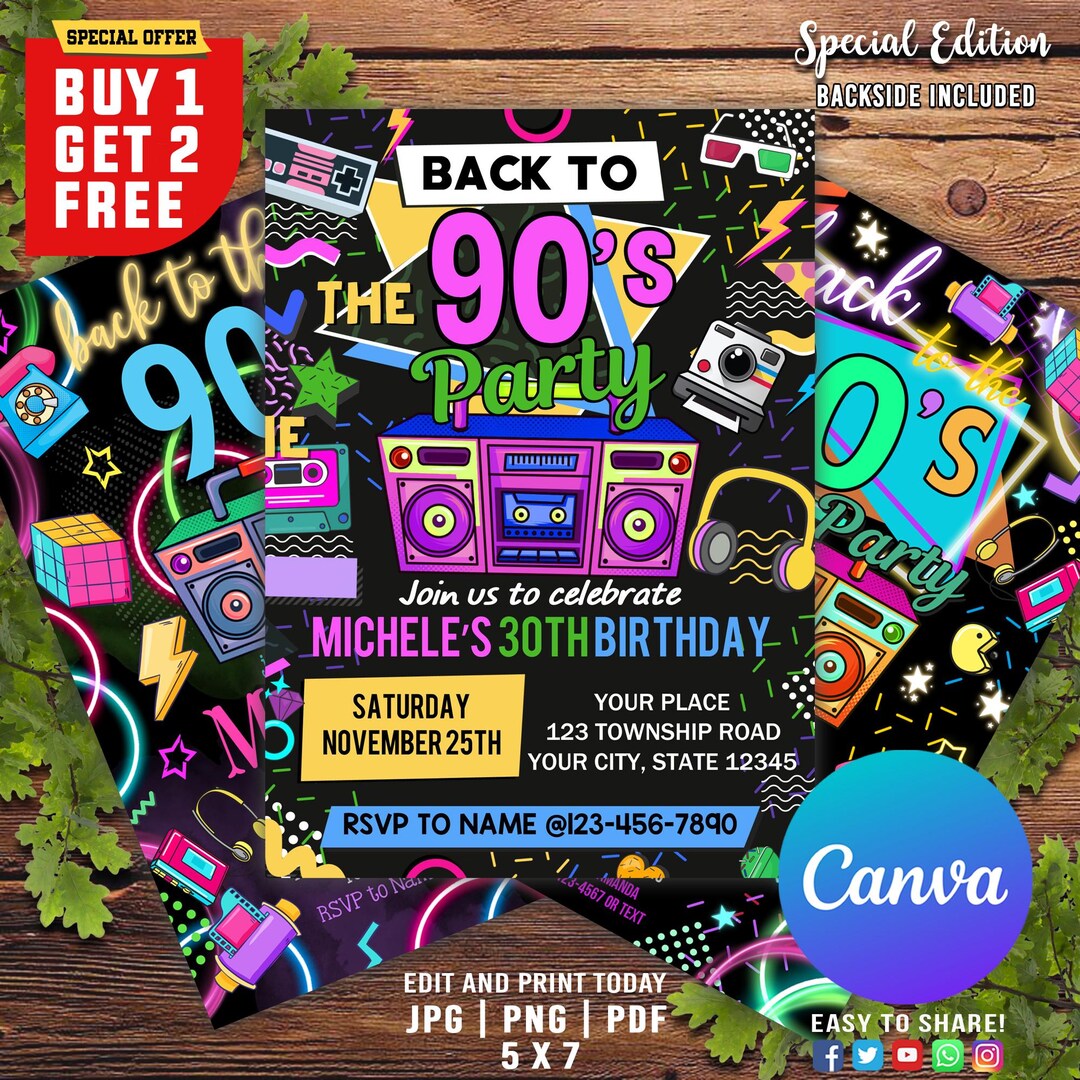 Editable 90s Birthday Party Invitation Back to the 90s Neon Party Glow ...