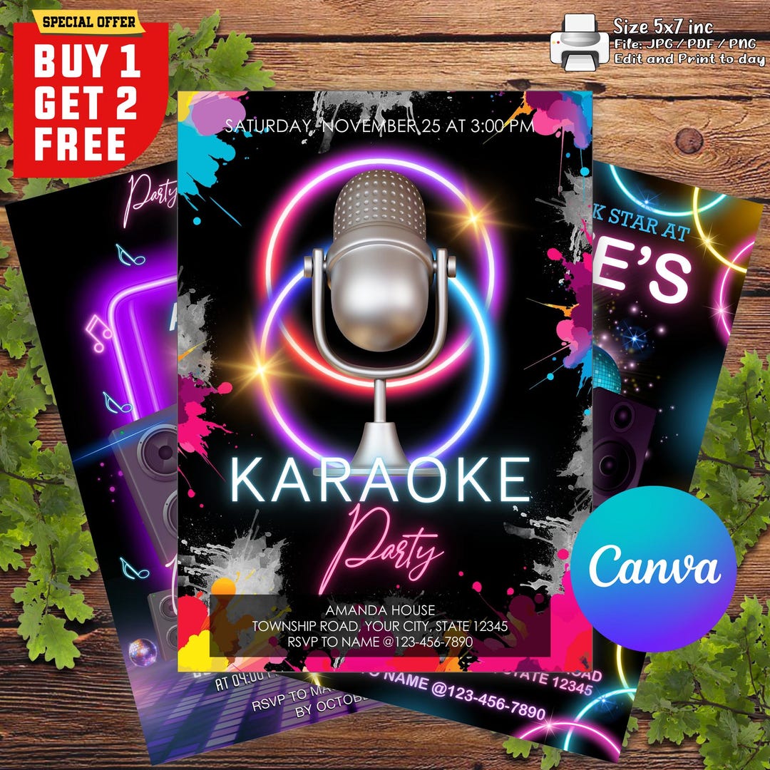 Karaoke Party Birthday Invitation, Neon Singing Music Party Invite ...