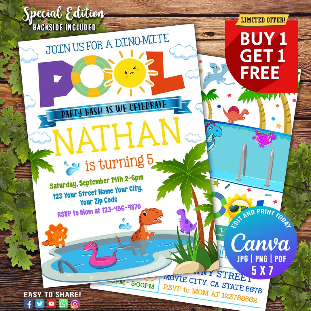 Editable Dinosaur Pool Party Invitation, Swim Birthday Invite, Dino ...