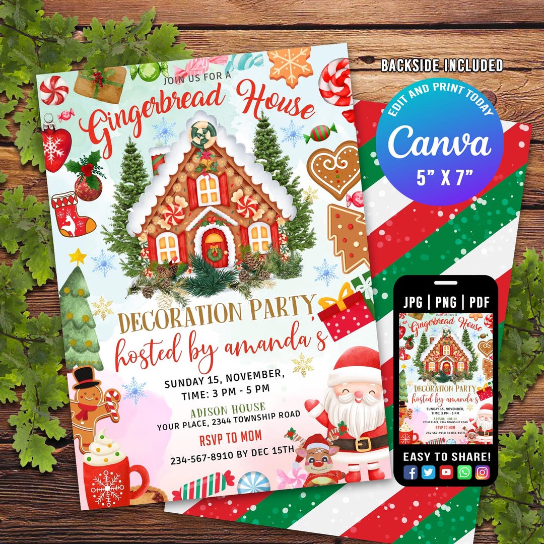 Editable Gingerbread House Birthday Party Invitation, Christmas Cookie ...