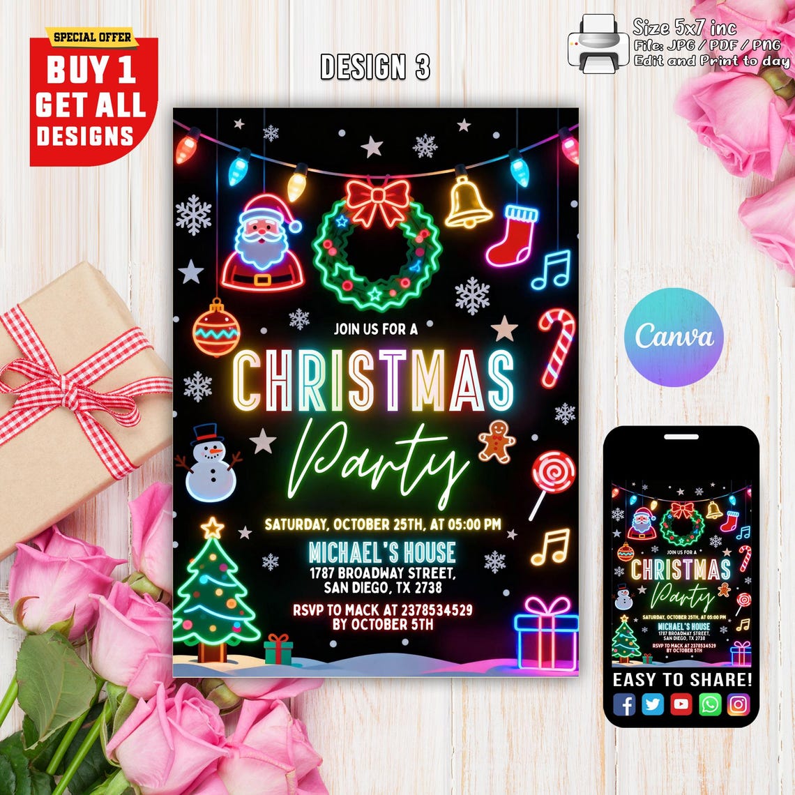 Editable Neon Christmas Party Invitation, Glow Christmas Party Invite ...