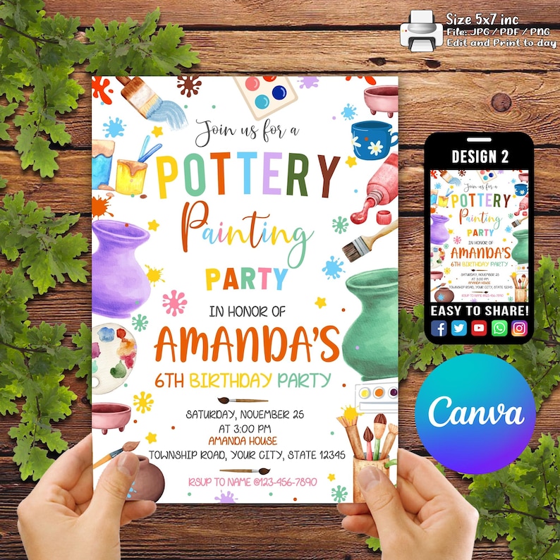 Editable Pottery Painting Party Invitation, Painting Party Birthday ...