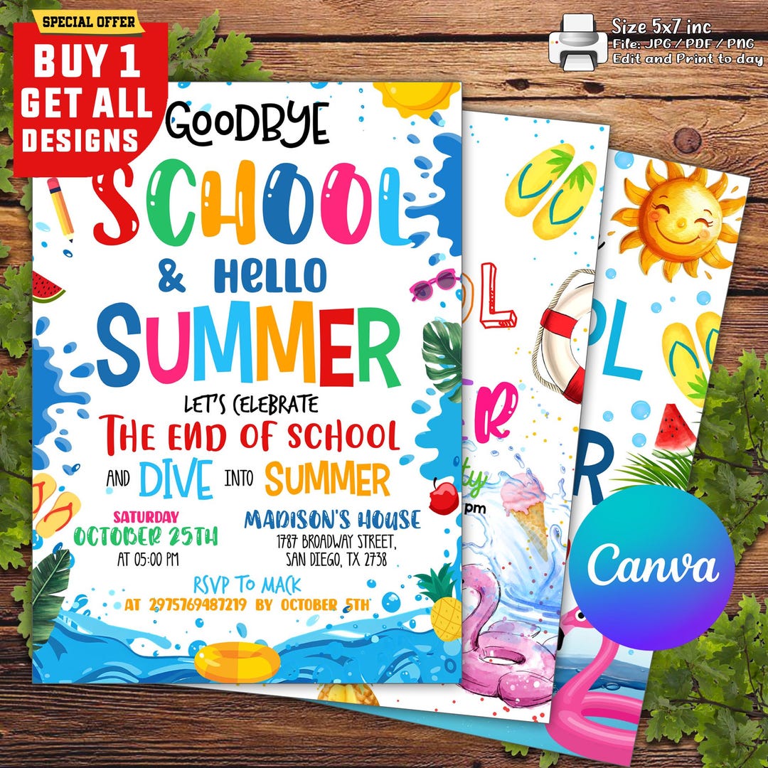 Goodbye School Hello Pool Invitation Template, Editable Pool Party ...