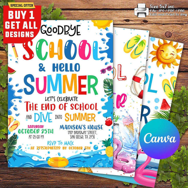 Goodbye School Hello Pool Invitation Template, Editable Pool Party ...