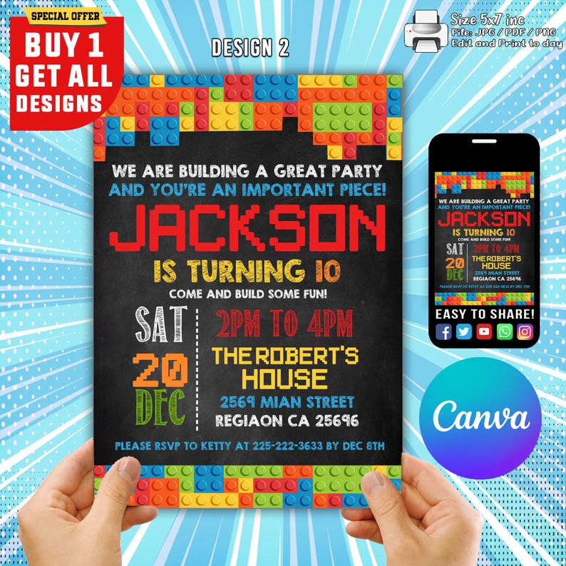 Editable Building Blocks Birthday Party Invitation, Digital Invitation ...