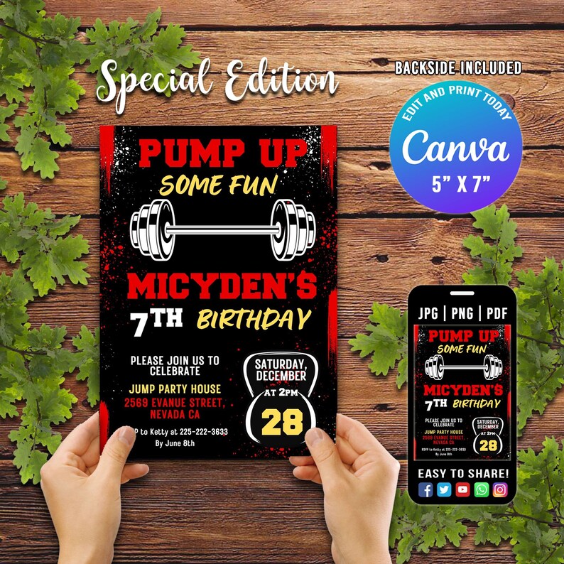 Editable Fitness Gym Birthday Invitation, Digital Kids Party Invite ...