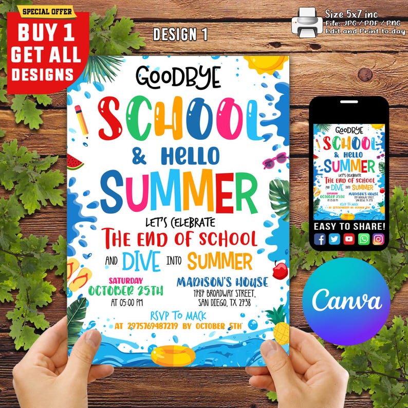 Goodbye School Hello Pool Invitation Template, Editable Pool Party ...