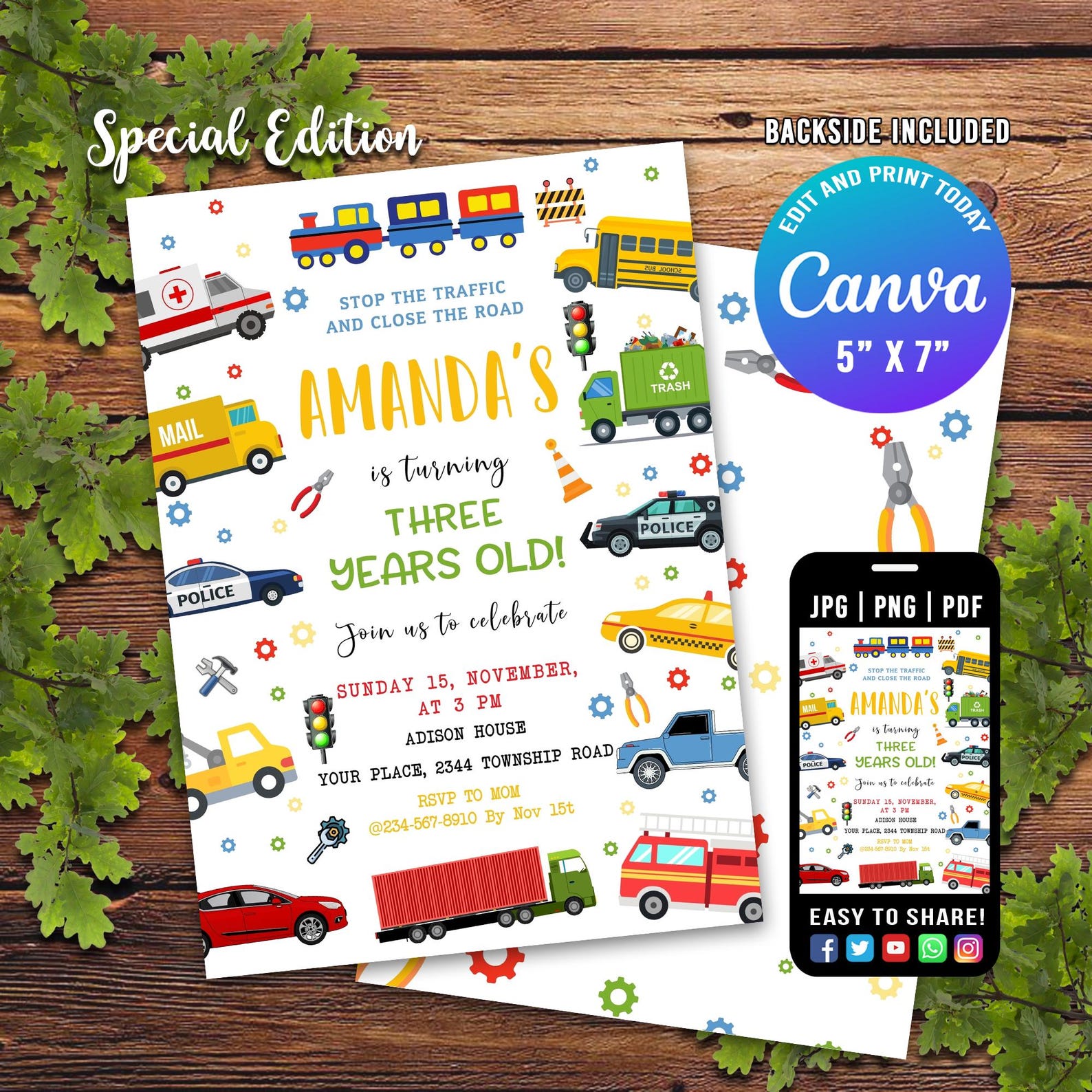 Editable Transportation Invitation Honk Beep Choo Choo Train Truck ...