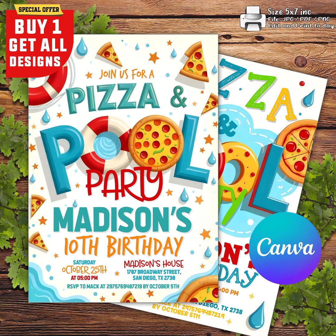 Pizza Pool Party Invitation, EDITABLE Swimming Party Invite, Tropical ...
