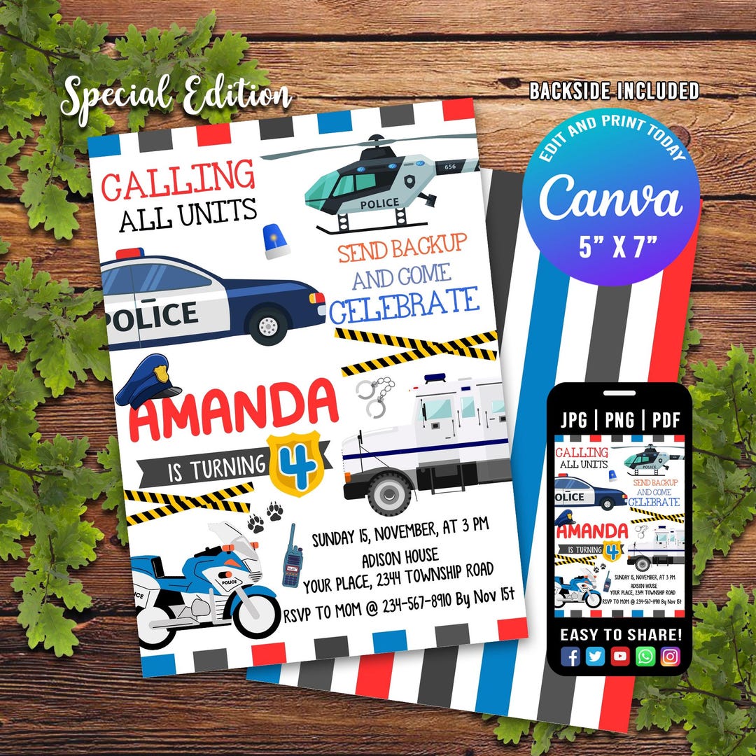 Police Invitation, Police Birthday Invitation, EDITABLE Cop Car Party ...