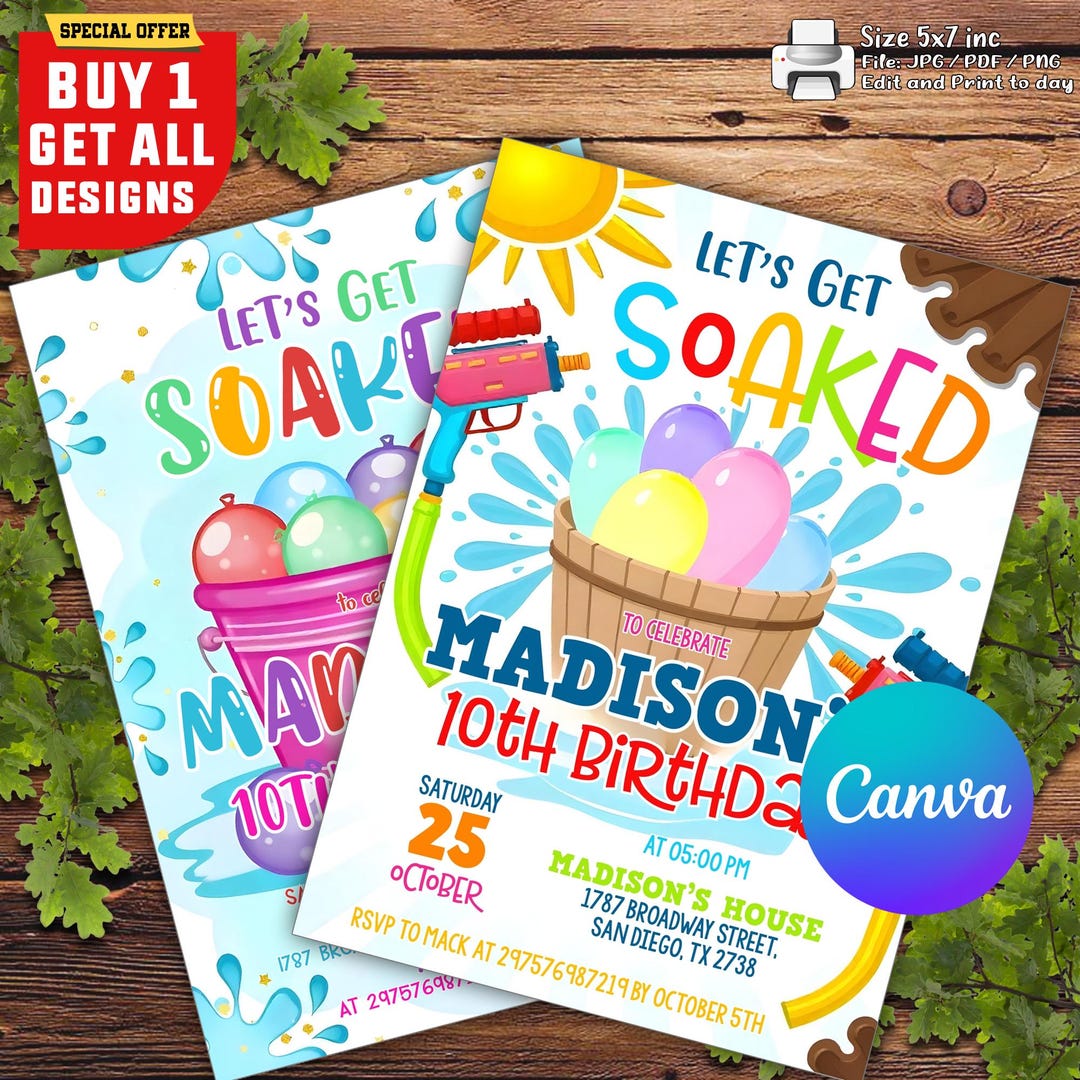 Editable Water Balloon Birthday Invitation, Water Splash Party ...