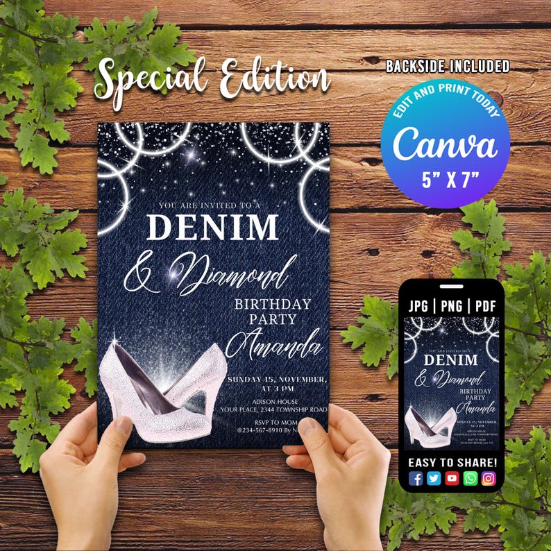 Editable Denim and Diamond Invitation, Modern Glitter Sparkle Jewels ...