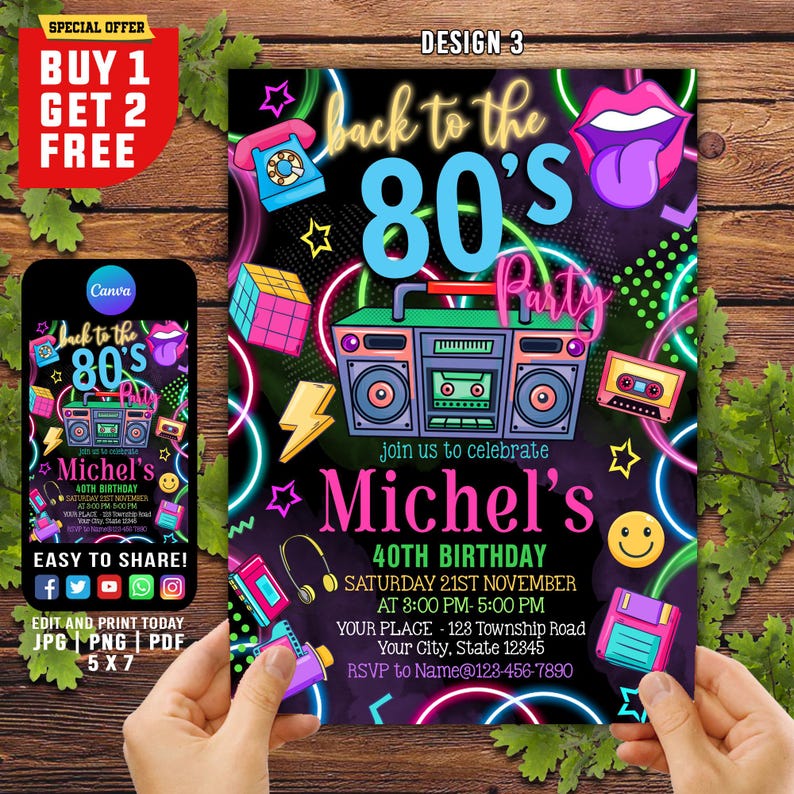 Editable 80s Birthday Party Invitation, Back to the 80s, Throwback Party, Neon Party, Glow Dance ...