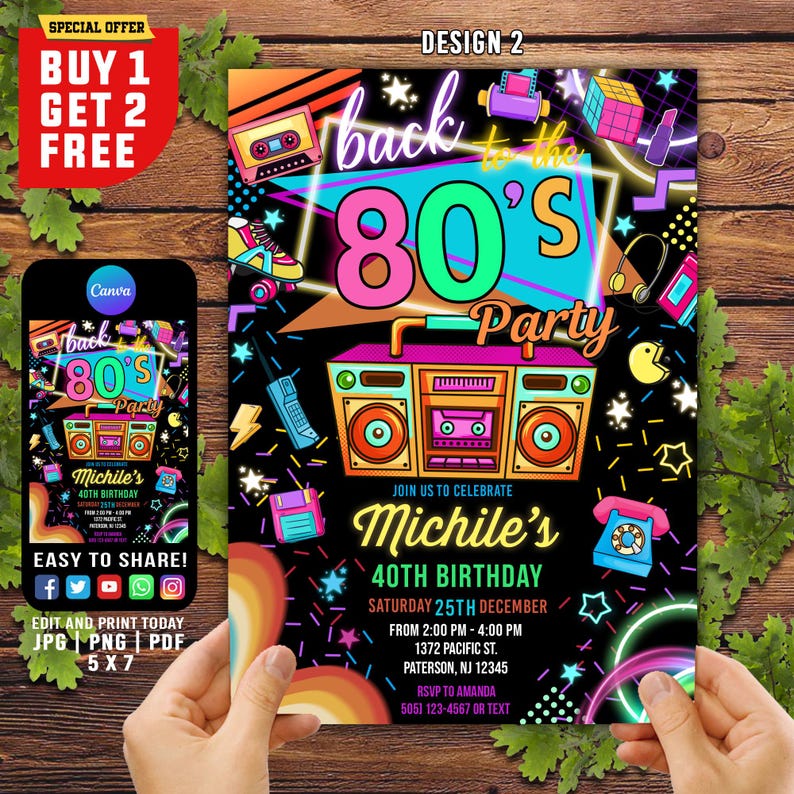 Editable 80s Birthday Party Invitation, Back to the 80s, Throwback Party, Neon Party, Glow Dance ...