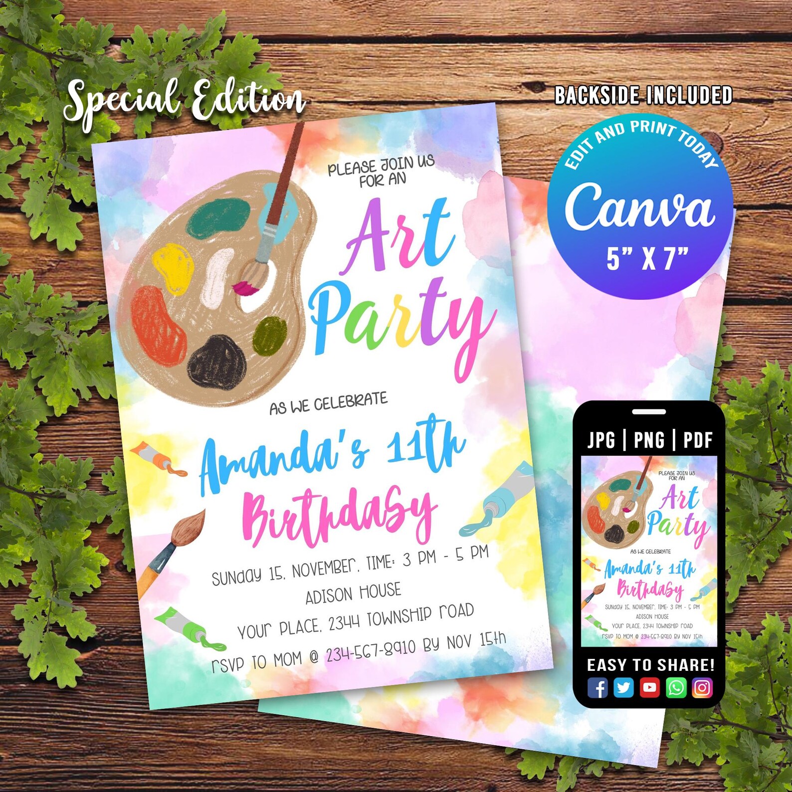 Editable Painting Art Birthday Invitation, Art Party Birthday Invite ...
