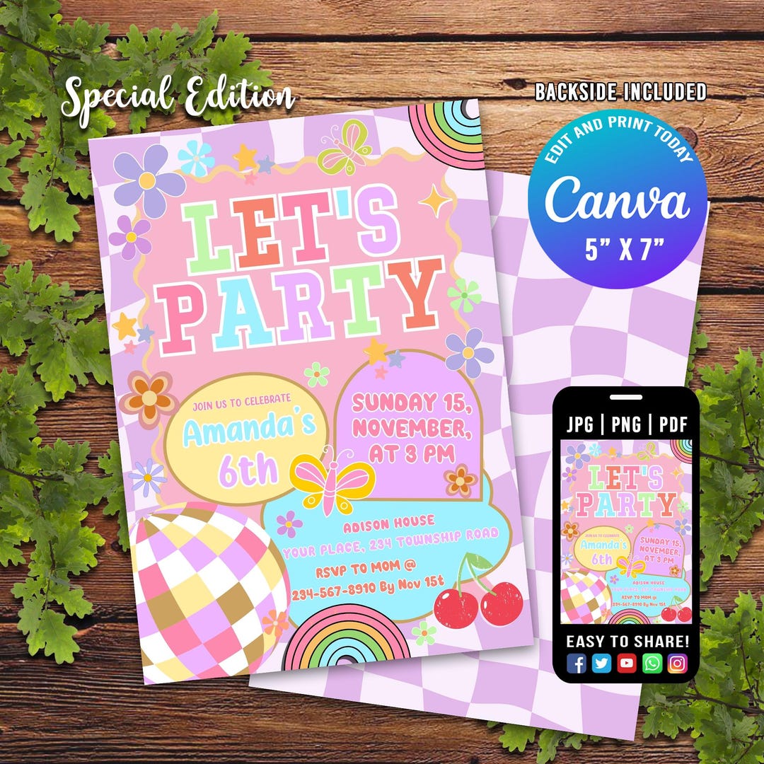 Editable Preppy Tween Teen Birthday Party Invitation Let's Party ...