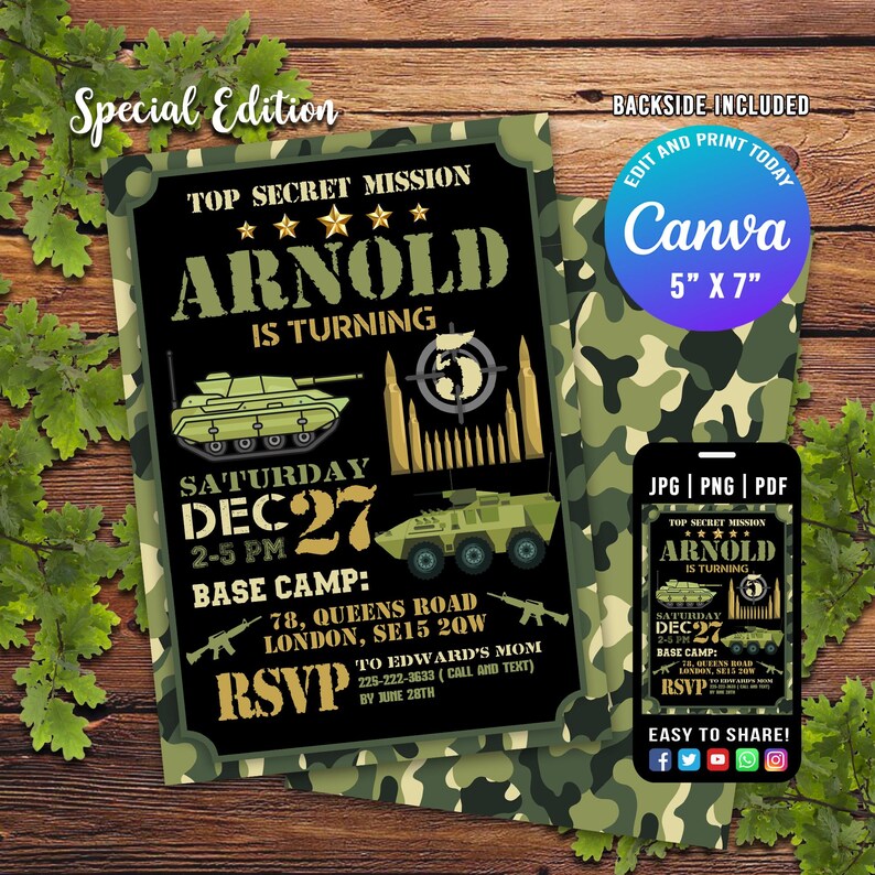 Editable Military Party Invitations, Army Birthday Invitation, Soldier ...