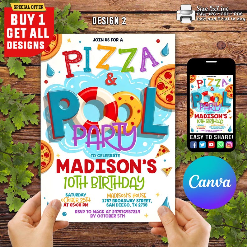 Editable Pizza Pool Party Invitation, Pizza and Pool Party Invite, Boy ...