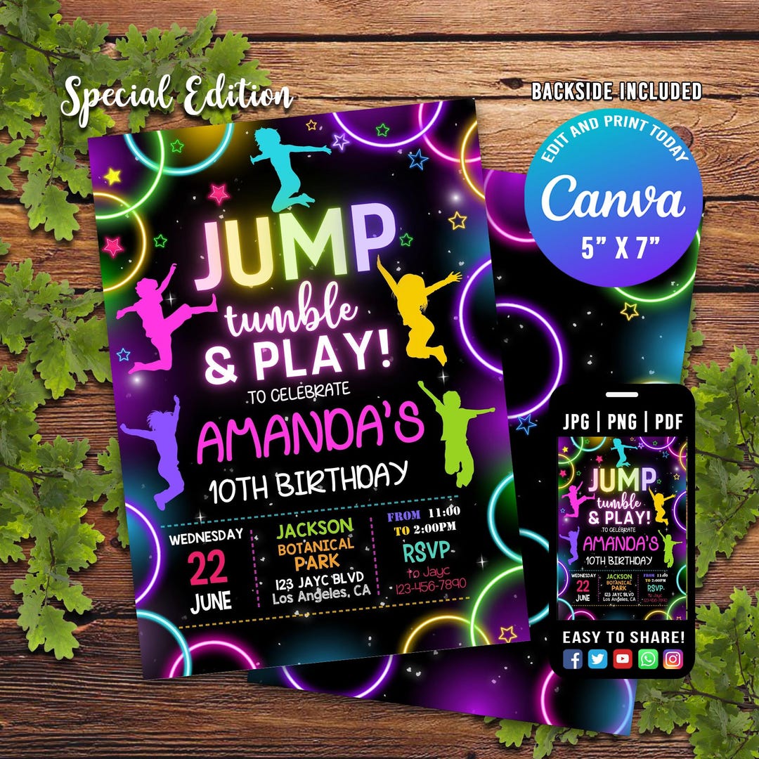 Editable Jump Birthday Party Invitation Tie Dye Jump Birthday Party ...